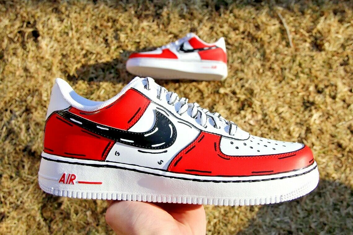 Air Force 1 Custom Low Cartoon Chicago Red Shoes White Black Outline M ...